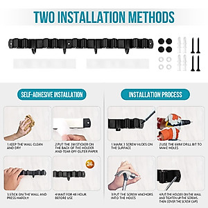 COOKCUTE Broom Holder Wall Mount, 5 Slots 4 Hooks Black Stainless Steel Broom Organizer Wall Mount Mop and Broom Holder Wall Mounted Heavy Duty, Broom Hanger Self Adhesive, Mop Holder Garage Shelving