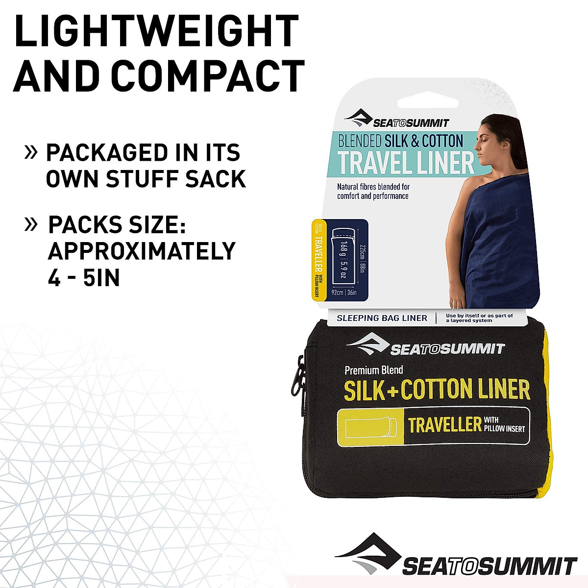 Sea to Summit Silk-Cotton Blend Travel and Sleeping Bag Liner, Traveller w/Pillow Slip (85x36 inches)