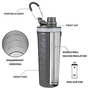 BOTTLE BOTTLE 26 oz Insulated Shaker Bottle Stainless Steel Water Bottle with Wire Whisk, Reusable Protein Shaker Gym Water Cup Grey