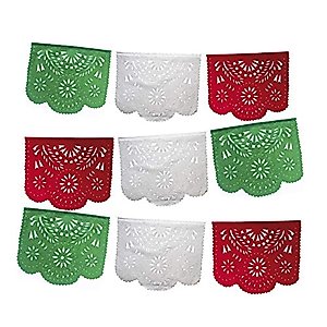 Fiesta Brands Mexican Papel Picado Banner.Tri Color.Green White and Red Vibrant Colors Tissue Paper. Large Size Panels. Multicolored Flowers Design