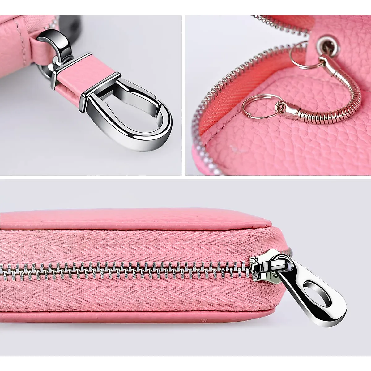 Buffway Car Key Cover,Genuine Leather Car Smart Key Chain Coin Holder Metal Hook and Keyring Wallet Zipper Bag for Auto Remote Key Fob - Pink