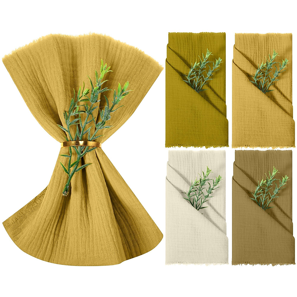 12 Pack Handmade Cloth Napkins with Fringe 100% Cotton Linen Napkins 16"x16" Rustic Cheesecloth Cloth Napkins for Wedding Party(Yellow Series)