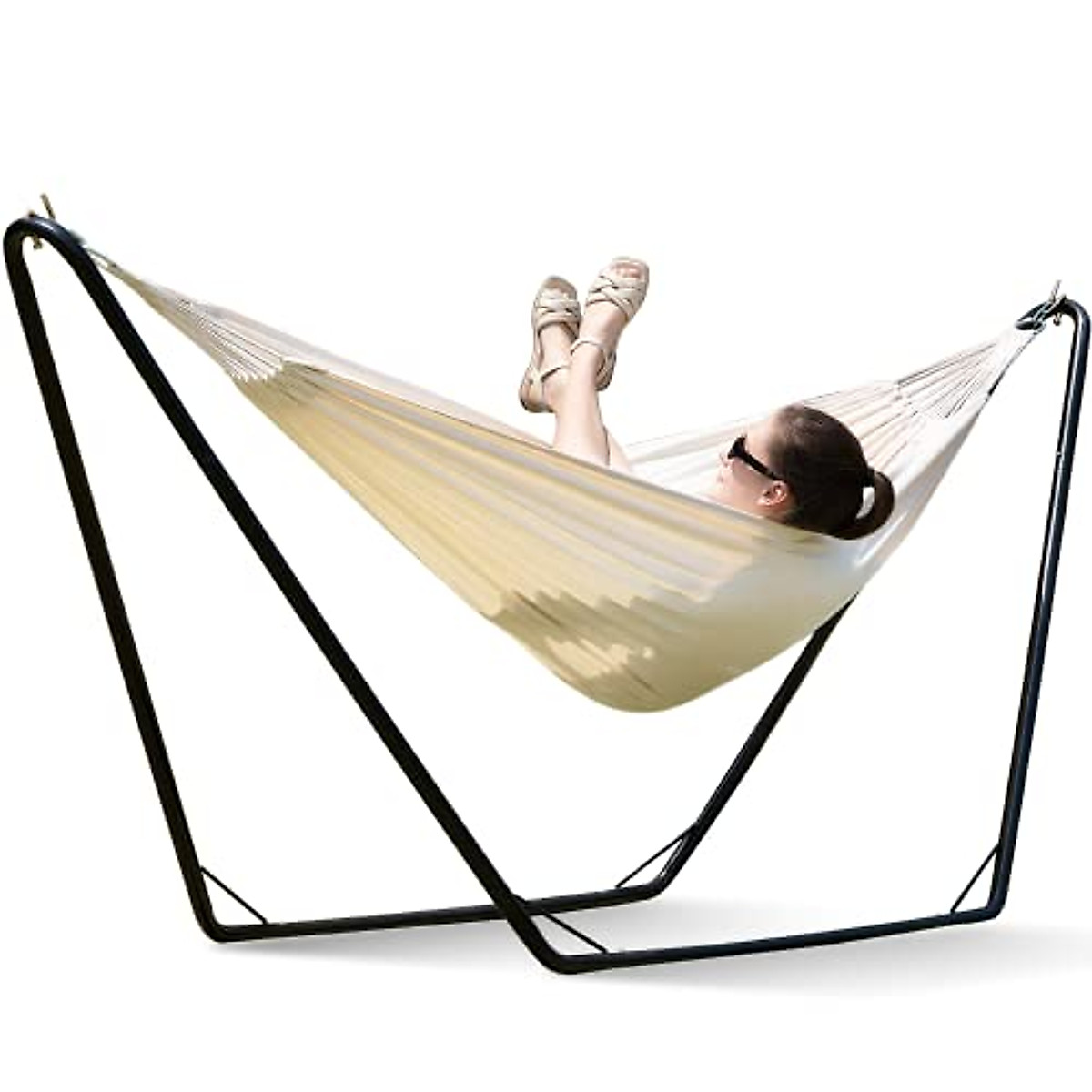 Gafete Hammocks with Stand Included Space Saving Steel V-Stand Heavy Duty for 2 Person Indoor Outdoor Patio 450 lbs Capacity (Natural)