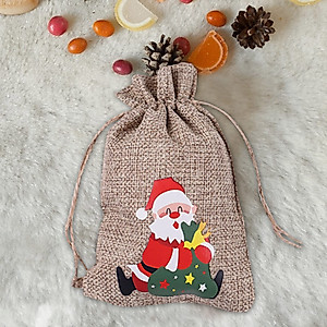 Shan-S Christmas Decor Christmas Burlap Gift Bags, Christmas Jute Linen Bags, Xmas Jute Linen Candy Bag Treat Gift Drawstring Pouches Burlap Gift Bags for Wedding Christmas Party Favors
