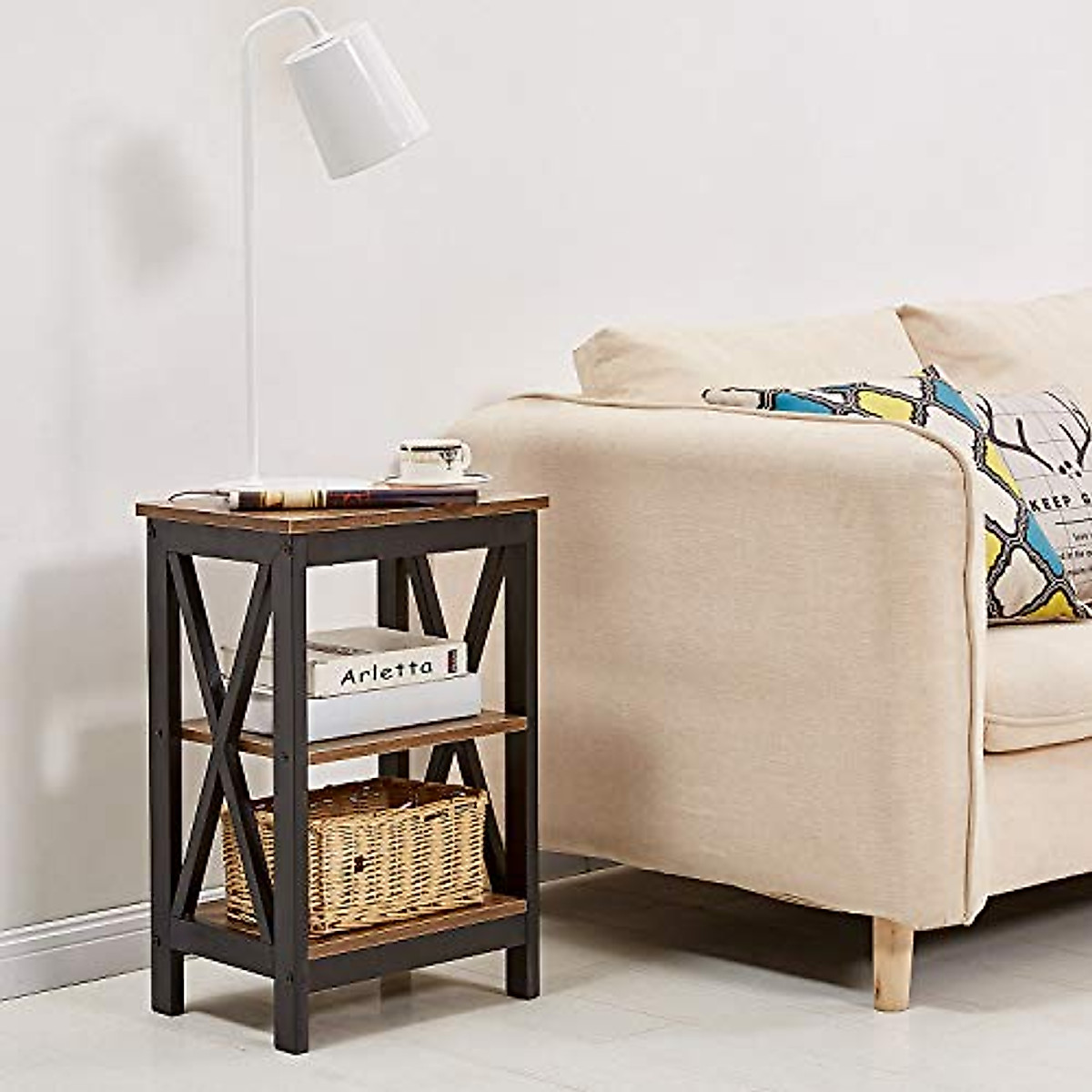 VECELO Modern X-Design Night Stand, Nightstands End Storage Versatile Shelf Side Table,Easy Assembly, Retro Brown