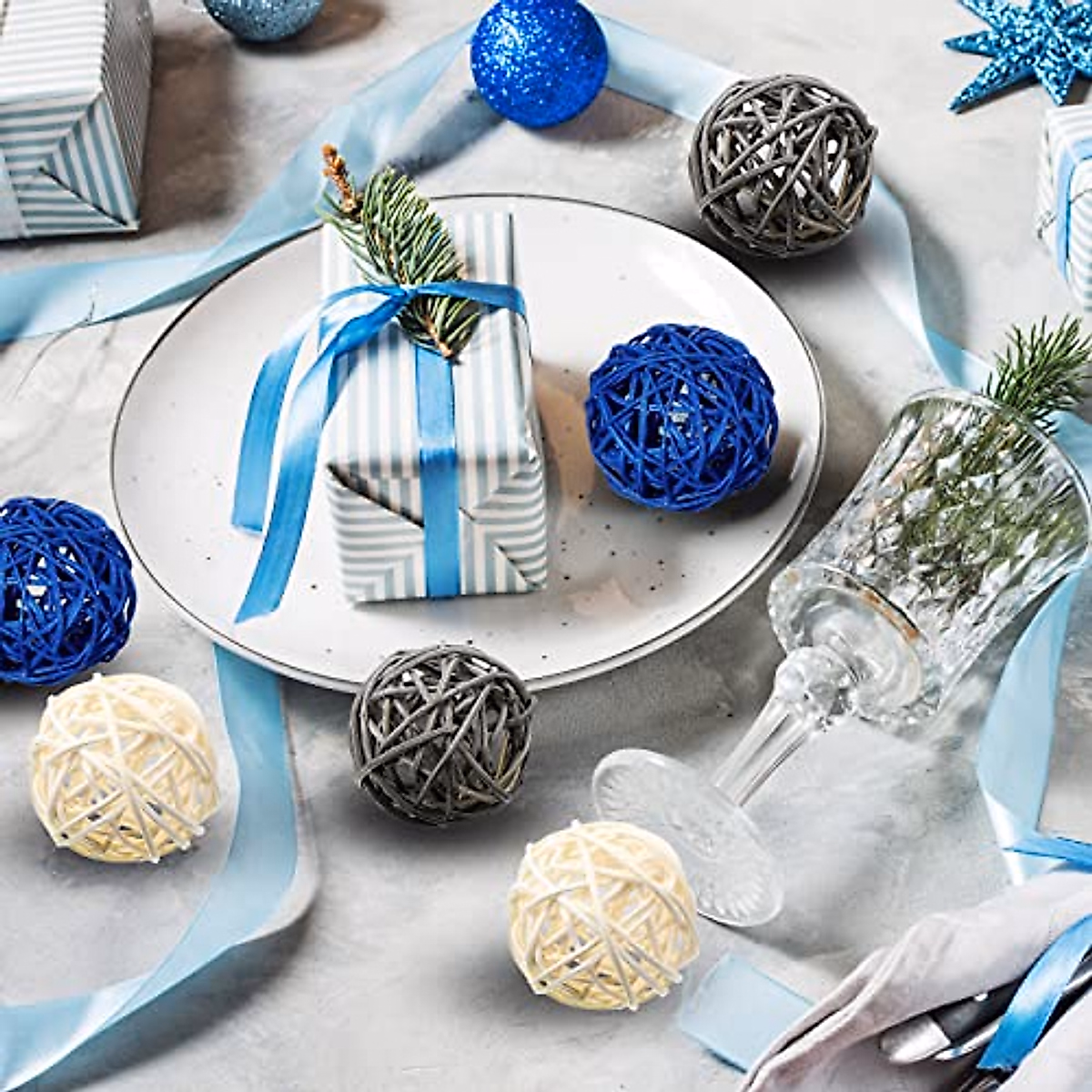 24 Pcs Rattan Balls 1.8 Inches Wicker Balls Orb Decorative Balls for Centerpiece Bowls Vase Fillers for Home Decor Glass Table Room Kitchen Aromatherapy Wedding Decorations, Dark Blue, Gray, White