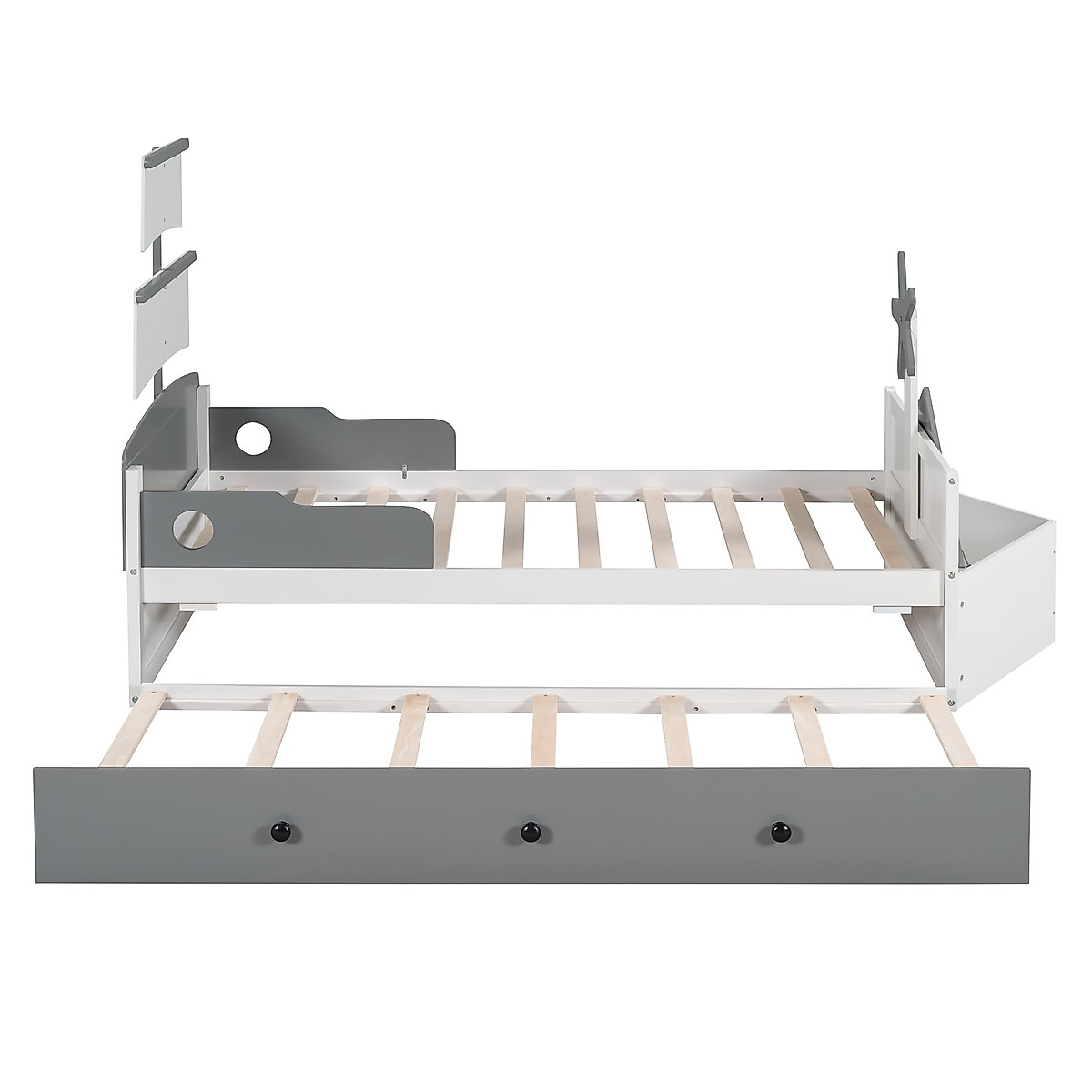 Harper & Bright Designs Kids Twin Bed with Trundle and Storage, Solid Wood Boat-Shaped Platform Bed Frame, No Box Spring Needed, for Girls Boys Bedroom (Twin Size, Gray)