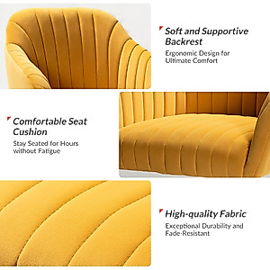 HULALA HOME Modern Velvet Home Office Desk Chair with Gold Base & Channel Back, Upholstered Swivel Computer Task Chair for Bedroom, Height Adjustable Cute Vanity Chair for Women Girls, Mustard