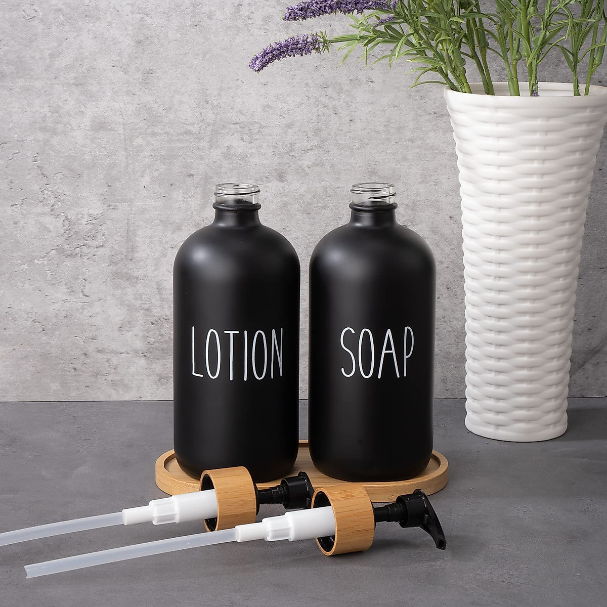 Little World Soap Dispenser for Kitchen, Stainless Steel Pump and Wood Tray, Bathroom Decor Dispenser for Foaming Hand Soap, Dish Soap and Lotion, Black & Black