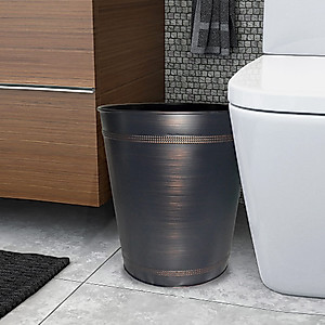 Small Round Metal Wastebasket- Beaded Recycle Trash Can 2.5 Gallon, Open top Garbage Container Bin for Bathrooms, Kitchen, Bedroom, Home Office - Durable Steel - Oil Rubbed Bronze Finish