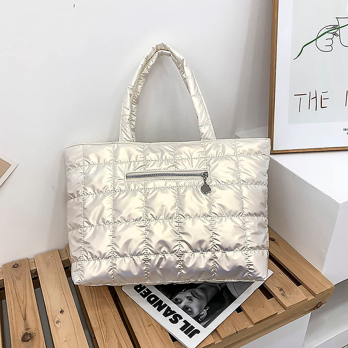 Qvenou Large Puffer Tote Bag for Women Lightweight Quilted Handbag Down Cotton Padded Shoulder Bag Large Capacity Down Padding Tote Bag-Off-white