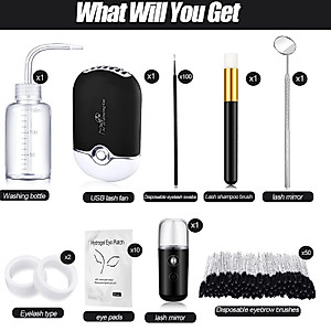 Eyelash Extension Supply Eyelash Extension Kit with USB Air Conditioning Blower Nano Facial Mister Silicone Pad Tweezers Eye Gel Pad Mini Brush Wash Bottle Mascara Brush Glue Ring (Black)