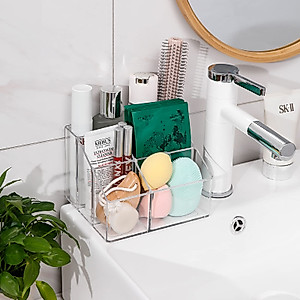 Yesesion Clear Makeup Organizer with 5 Compartments, Plastic Bathroom Counter Storage for Skincare, Toothbrush, Cosmetics Brushes, Palette, Lipsticks, Hair Accessories Holder for Vanity Dresser