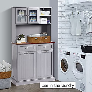 LOUVIXA Kitchen Pantry Storage Cabinet, Microwave Cabinet with Tilt Out Trash Cabinet, Freestanding Kitchen Hutch,Tall Pantry Cabinet Cupboard (Grey)