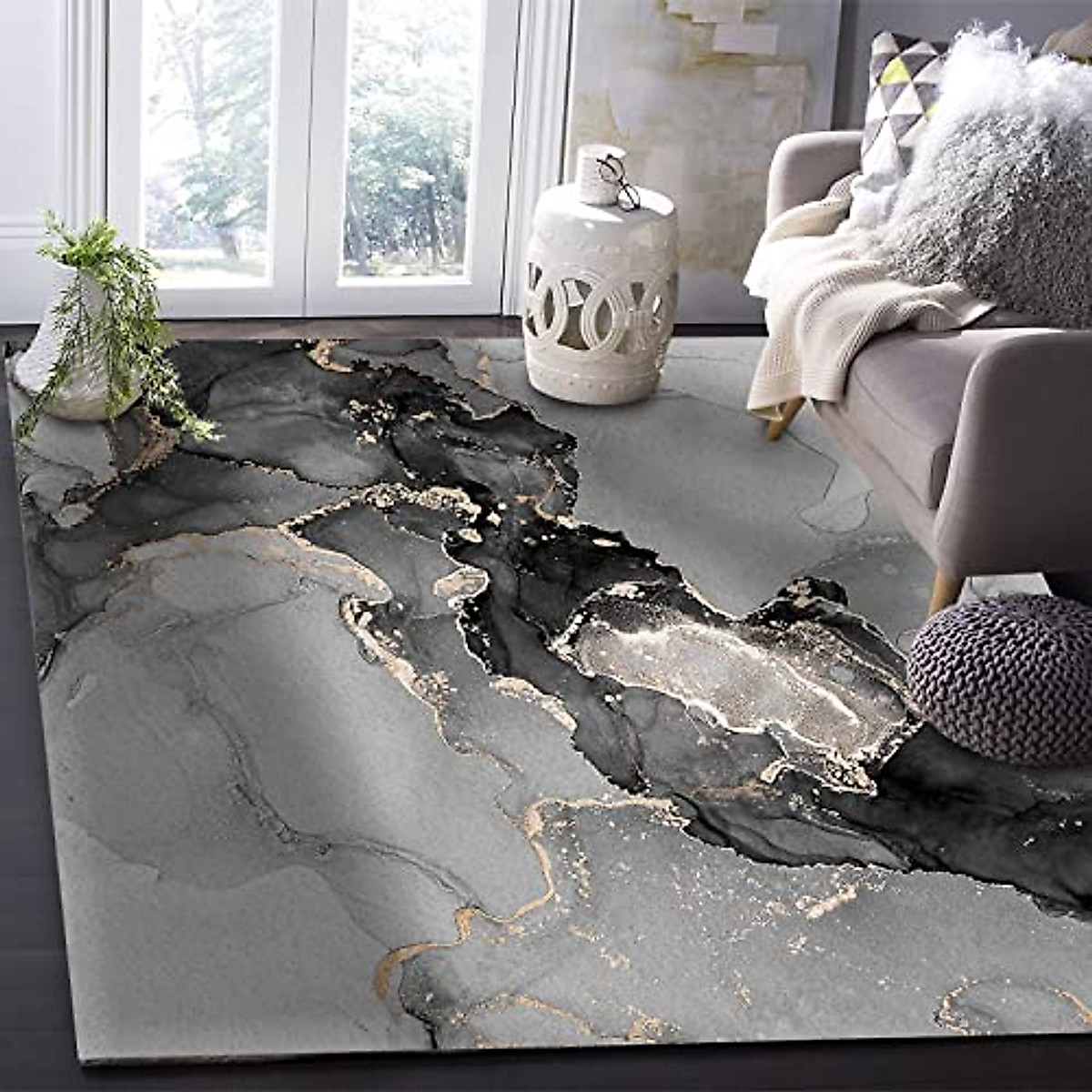 Light Luxury Black Gold Marble Area Rug, Grey Background Golden Moire Pattern Throw Rugs, Easy-Cleaning Anti Slip Carpet for Indoor Living Room Bedroom Apartment Decor Rug - 5 ft x 7 ft