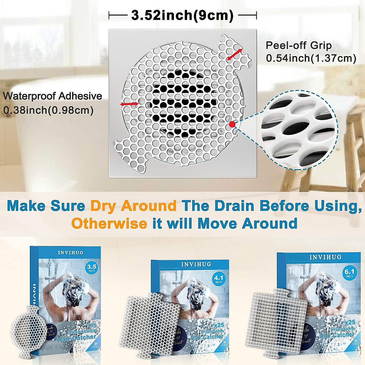 INVIHUG,25 Pack, Disposable Shower Drain Hair Catcher Mesh Stickers,Disposable Hair Drain Catcher. (White)