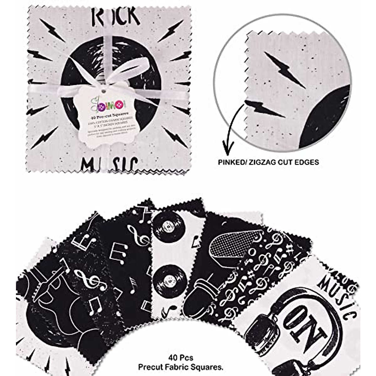 Soimoi Rock Music Print Precut 5-inch Cotton Fabric Quilting Squares Charm Pack DIY Patchwork Sewing Craft- White & Black