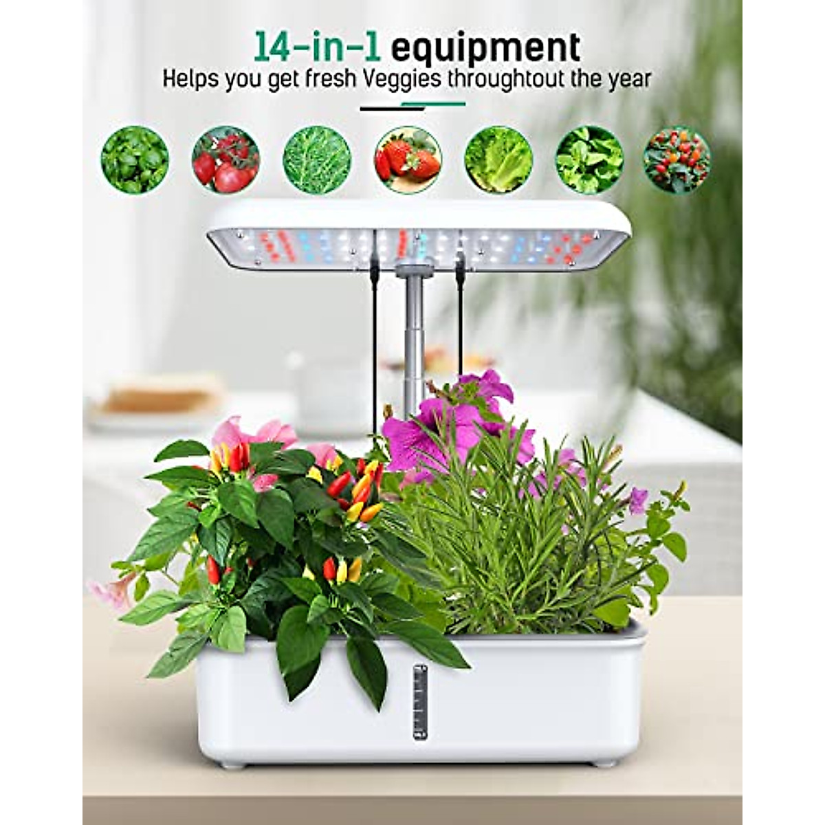 WiFi 14 Pods Hydroponics Growing System, Smart Hydro Indoor Herb Garden with LED Grow Light Up to 20.6", Automatic Timer, Plants Germination Kit with Pump System for Home Kitchen Gardening(White)