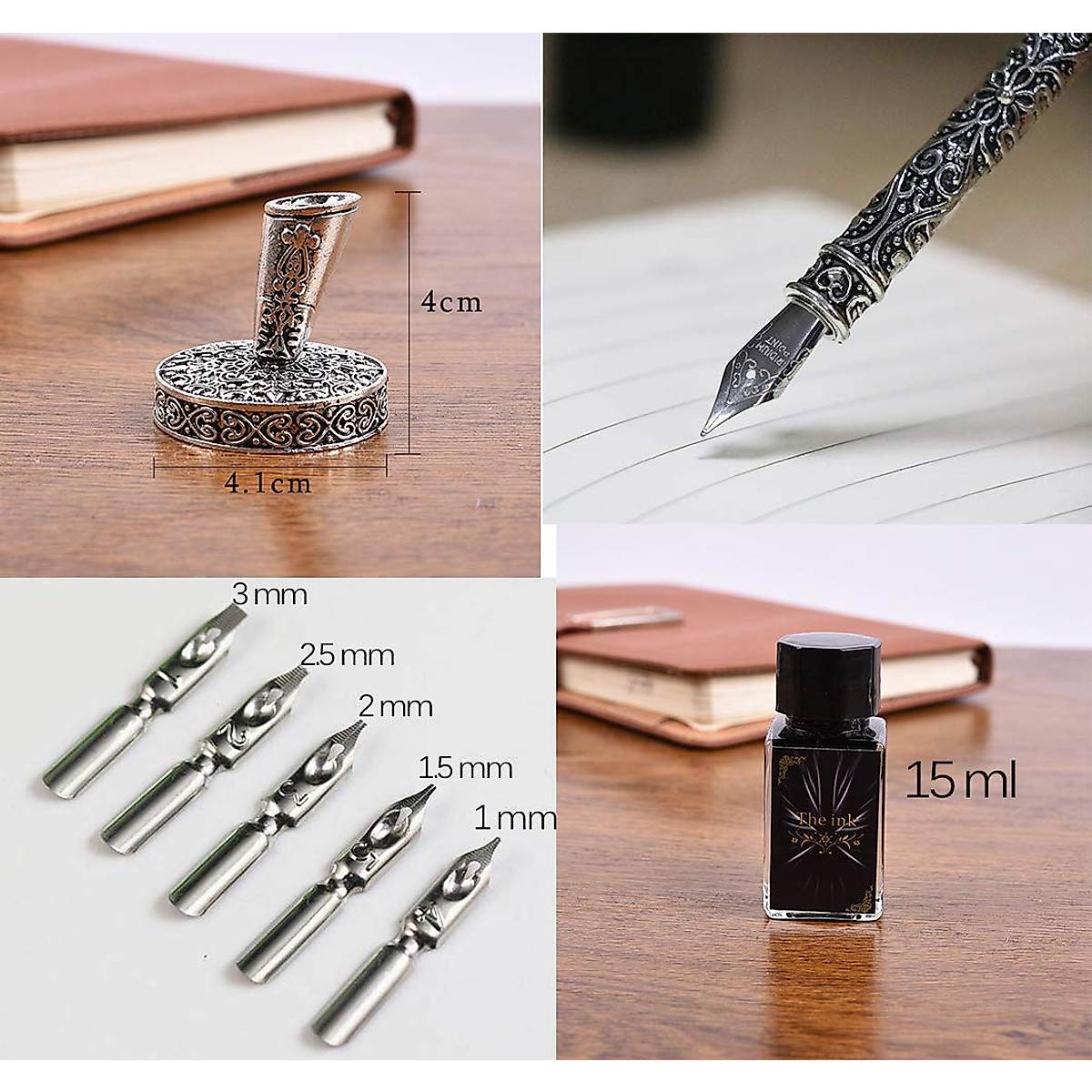 Vintage Antique Feather Pen Stem Metal Writing Quill Pen Set Calligraphy Pen Metal Carving Appearance,with 5 PCS Nibs (Blue Peacock)