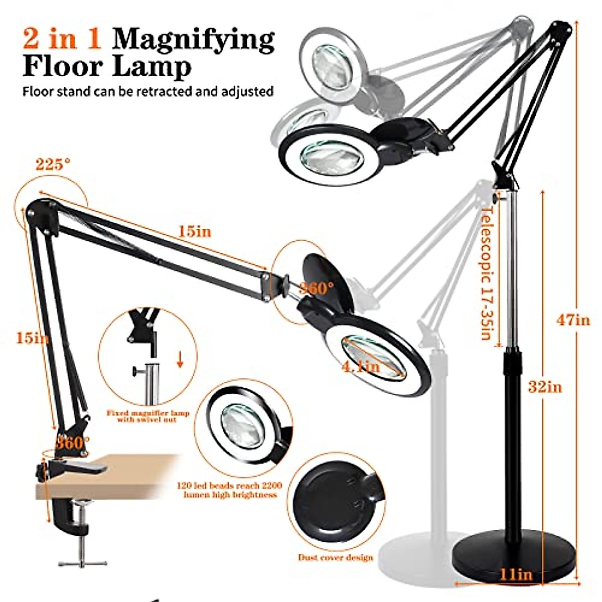 HITTI 10X Floor Magnifying Glass with Light 3-in-1 Super Bright 2200 Lumens Magnifier with Light and Stand, 3 Color Modes Stepless Dimming, Swing Arm LED Magnifying Floor Lamp for Esthetician Craft