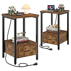 EnHomee Nightstand Set of 2 with Charging Station and 2 USB Ports 2 Outlets, Bedside Table with Wood Drawers, Industrial Bed Side Table, Night Stand for Bedroom Living Room, Easy Assembly,Rustic Brown