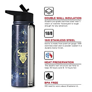 jodyla 24 oz ZodiacWater Bottles With Lids and Straw Double Wall Vacuum Insulated Mug Stainless Steel Cup Fit Travel Outdoor Water Bottles Birthday Gift for Women (24OZ,Taurus)