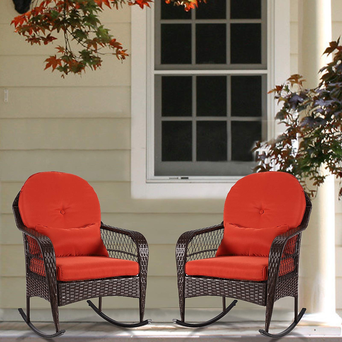 B BAIJIAWEI 2pcs Outdoor Wicker Rocking Chair All Weather Wicker Rocker Chair with Cushions for Garden Patio Yard Porch Lawn Balcony Backyard (2PCS-Brown Wicker-Orange)
