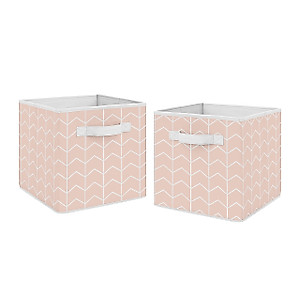Sweet Jojo Designs Pink Chevron Arrow Foldable Fabric Storage Cube Bins Boxes Organizer Toys Kids Baby Childrens - Set of 2 - Blush and White for The Watercolor Elephant Safari Collection