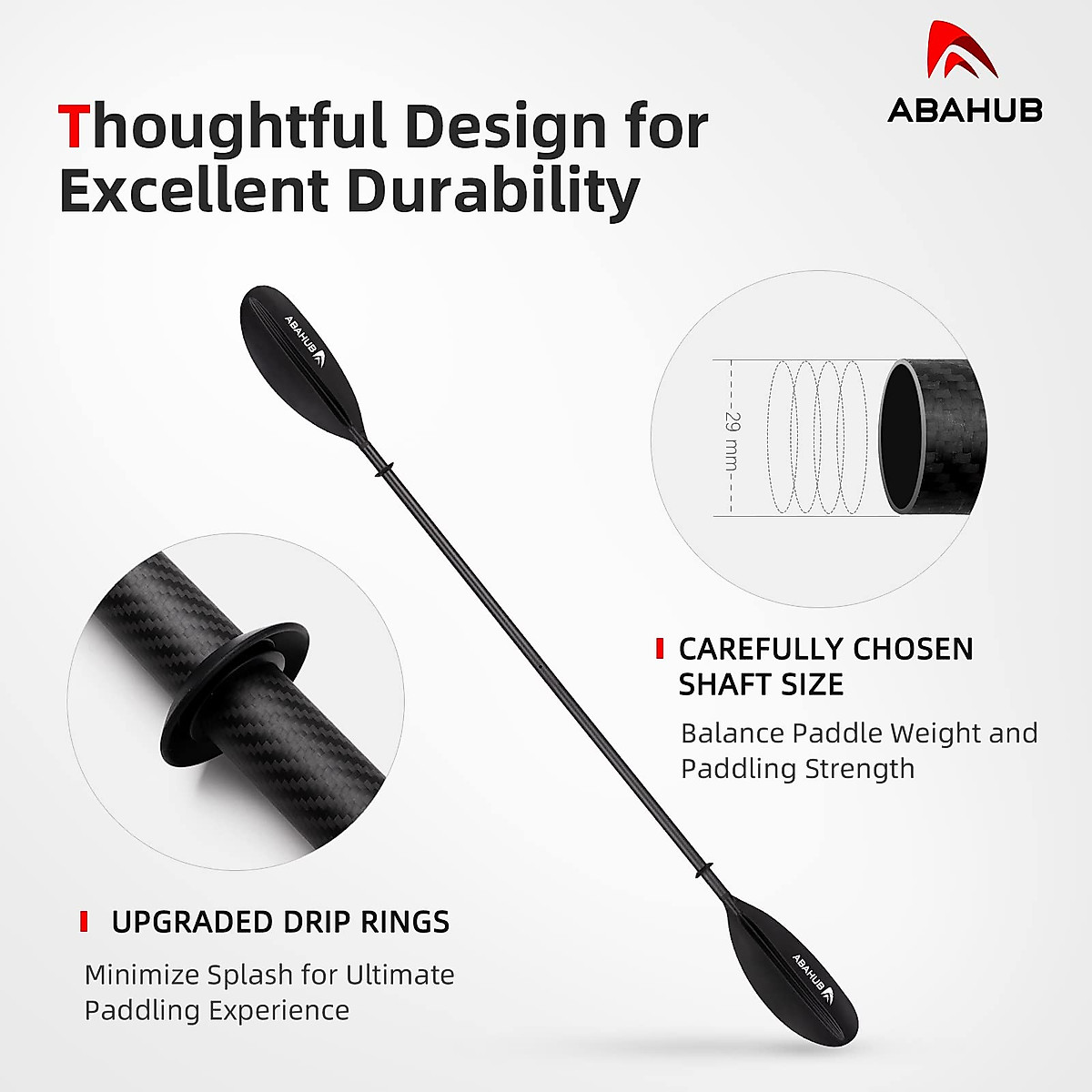 Abahub 1 x Carbon Kayak Paddles, 90.5 Inches Kayaking Oars for Boating, Canoeing with Extra Paddle Leash, Carbon Fiber Shaft Black Plastic Blades