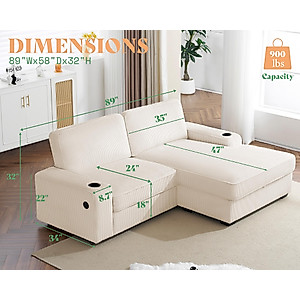 VanAcc 89 Inch Convertible Couch, L Shape Couch with USB Charging Port & Cup Holders- L Shape Sofa with Storage Chaise, Comfy Sofa for Living Room (Beige Corduroy)