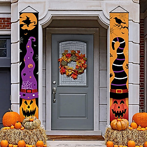 Halloween Pumpkin Porch Door Banners Decorations Pumpkin with Witch Hats Hanging Signs for Happy Halloween Outdoor Indoor Porch Decor for Front Door Outside Yard Welcome Home Wall Party Supplies