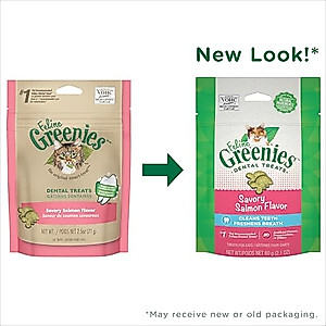 FELINE GREENIES Adult Natural Dental Care Cat Treats, Savory Salmon Flavor, 2.1 oz. Pouch