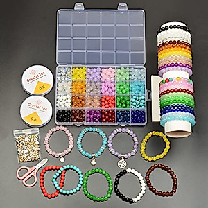 AIFNIY 570PCS Glass Beads for Jewelry Making 8mm Turquoise 24 Colors Crystal Beads Bracelet Making Kit Loose Round Gemstone Stone Spacer Chakra Energy Healing Beads Bulk DIY Crafts (Kit A)