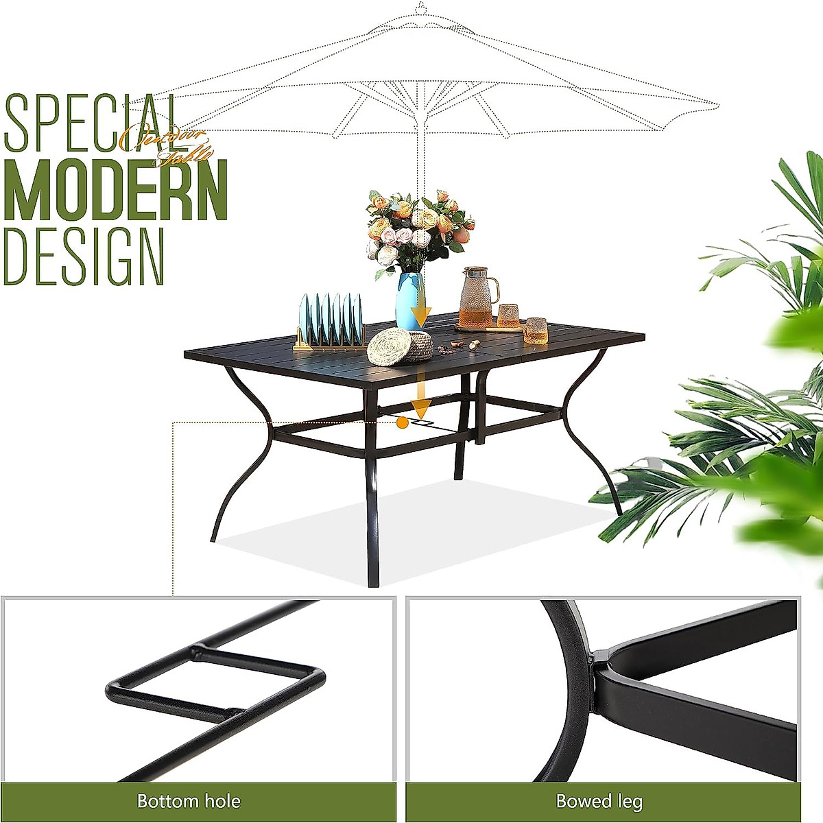 PHI VILLA 7-Piece Metal Patio Outdoor Table and Chairs Outdoor Dining Set - 60" Patio Table with Umbrella Hole and 6 Backyard Garden Chairs, Black