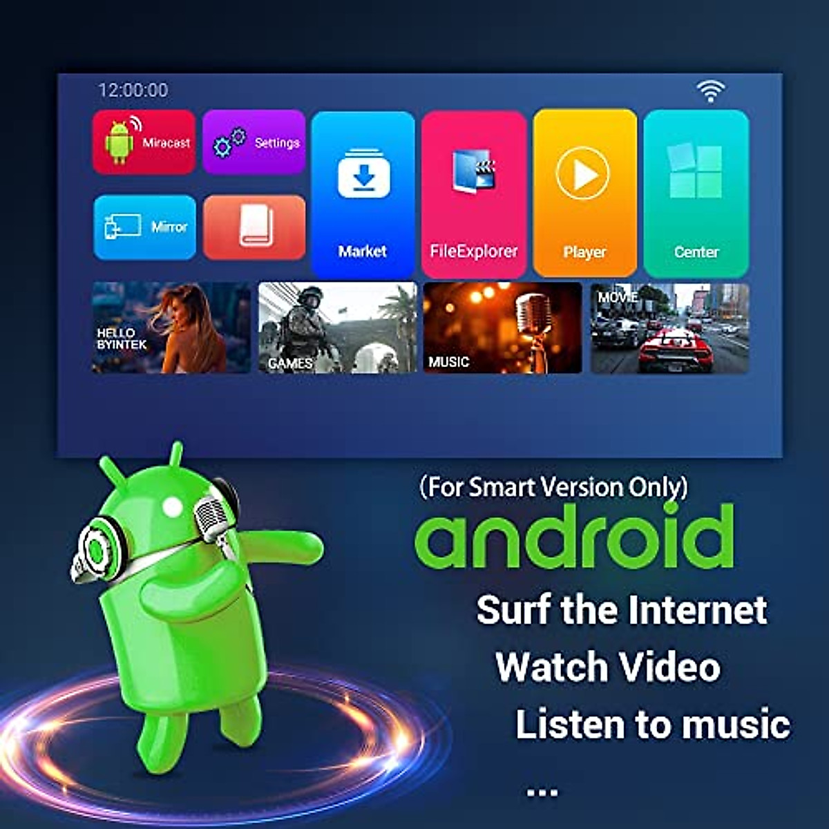 Smart Projector, Built-in Android System, Home Theater Video Movie, Wireless BT, HD LCD, Mini LED WiFi, +3500 Lumen, Portable
