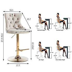 Aoowow Swivel Bar Stools Set of 2,Adjustable Barstools with Back Velvet Tufted Counter Stool Modern Upholstered Bar Chairs with Nailhead for Kitchen Island Restaurant Pub Counter (Beige-Gold)