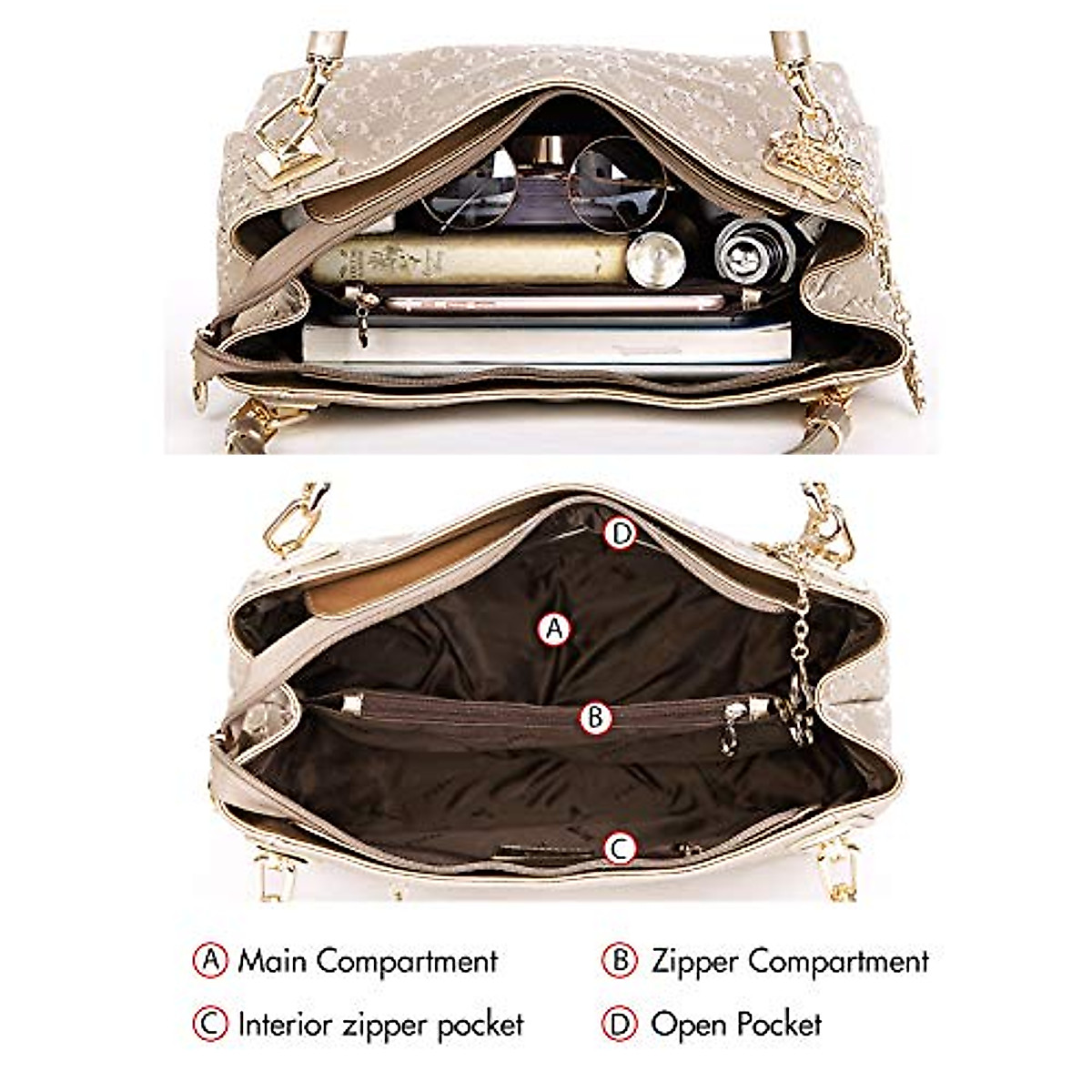 Women's Handbags Purses Leather Handbag Ladies Top-handle Tote Crossbody Shoulder Bag (golden) One Size