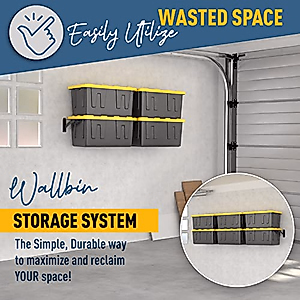 Koova Wall Mounted Tote Rack Storage System, Fits 27-Gallon Black and Yellow Commander Style Bins, Wall Mount Bracket Shelves for Garage or Shed Organization, Heavy Duty Steel, Made in USA (3-Piece Set)