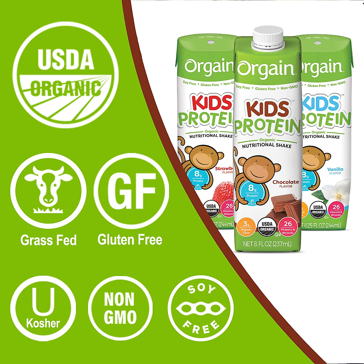 Orgain Organic Kids Protein Nutritional Shake, Chocolate - Great for Breakfast & Snacks, 21 Vitamins & Minerals, 10 Fruits & Vegetables, Gluten Free, Soy Free, 8.25 oz, 12 Count (Packaging May Vary)