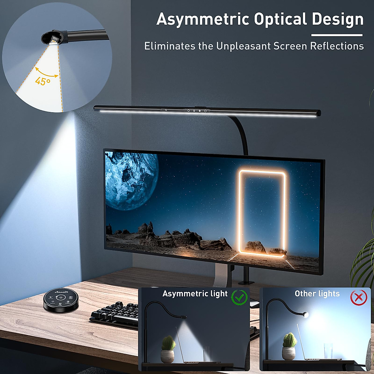 AmazLit Desk Lamp 31.5" W, Desk Lamp for Home Office, Gesture Sensing Desk Light, Monitor Light, Adjustable Color Temperature & Brightness, Table Lamp 24W Brightest, Black
