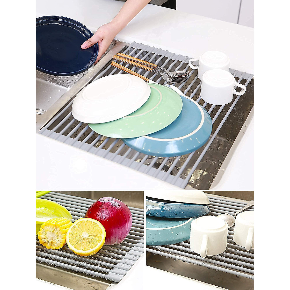 Ohuhu Over Sink Dish Drying Rack, 2 Pack Roll Up Drying Rack 17" L x 13" W Heat-Resistant Anti-Slip Silicone Coated Sink Drying Racks Mat for Kitchen Counter Organizer