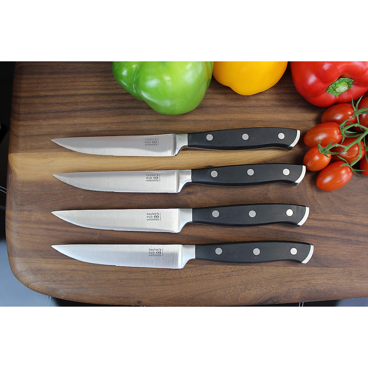Taylor's Eye Witness Premier 9 Piece Kitchen Knife Wooden Block Set- Paring, All Purpose, Cook's, Santoku, Bread & 4 Steak Knives In Acacia Wood Holder. Full-Tang Triple Rivet. 15 YEAR GUARANTEE