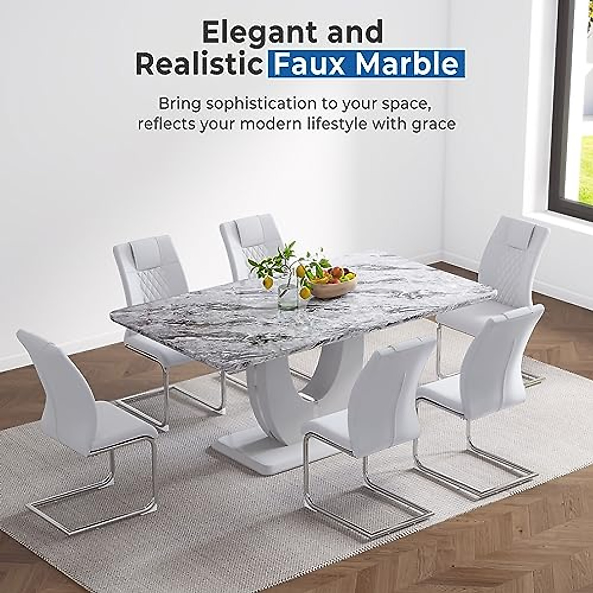 Tatub 70.87" Modern Dining Table Set for 6-8, Faux Marble Dining Table with 6 PU Leather Chairs, Rectangular Dining Room Table with Grey Marble Tabletop for Dining Room, Kitchen, Living Room