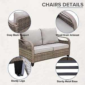 COOS BAY Wicker Outdoor Furniture Loveseat Sofa, Small Balcony Furniture Outdoor Loveseat 2 Seat Couch w/Cushions for Patio Backyard Deck Porch, Brown/Gray