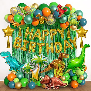 Dinosaur Birthday Party Decorations Supplies, 125Pcs Dinosaur Green Orange Blue Balloons Garland Arch Kit Happy Birthday Dino Foil Balloon Curtain for Kids Boys Dino Jungle Safari Baby Shower Party