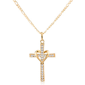 10k Yellow Gold, Rose Gold and White Gold Heart & Cross Pendant with an 16, 18, 20 and 22 Inch Gold Overlay Figaro Necklace (18 Inch, Yellow Gold)