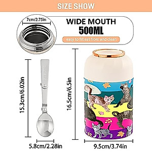 CUPADA Cute Cats Kittens Food Jar, Colorful Stripes Insulated Hot Food Jars Vacuum 17OZ with Folding Spoon for Work Trip Picnic Camping