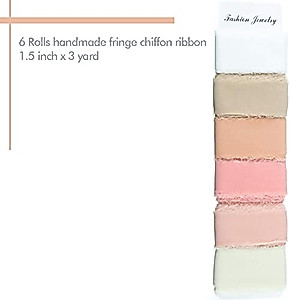 6 Rolls Handmade Fringe Chiffon Silk Ribbon 1.5" x 3 Yd Colorful Ribbon for Wedding Invitations, Bridal Bouquets, Gifts Wrapping, DIY Crafts(Nude Pink Set)