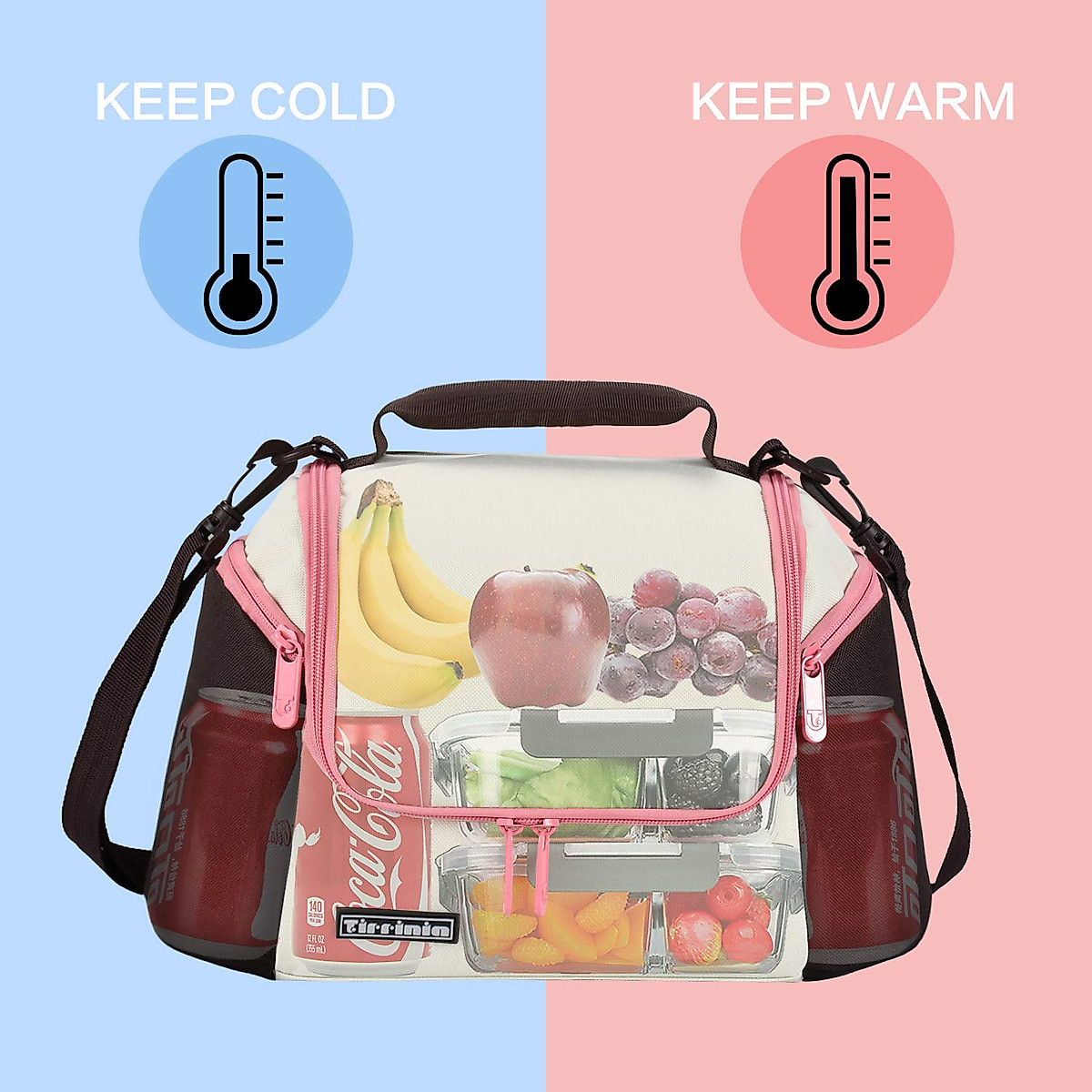 Tirrinia Insulated Lunch Box for Women Men, Leakproof Thermal Reusable Lunch Bag with 2 Zipper Pockets for Adult, Lunch Bag Cooler Tote for Office Work, White Pink