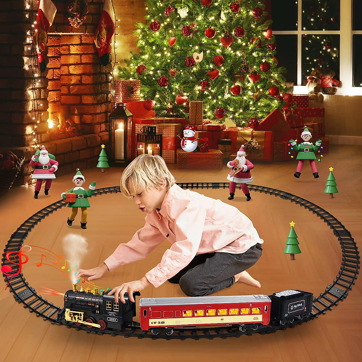 Train Set for Boys Girls - Electric Toy Train Including Passenger Coach with Lights, Steam Locomotive with Realistic Sounds & Headlight, Coal Car - Christmas Train Sets Under The Tree, Gift for Kids